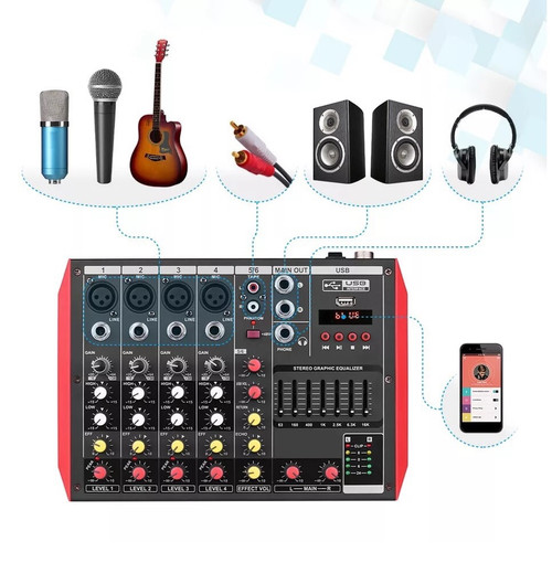BLUETOOTH Portable 6-Channel Mixing Console Mixer 7-band EQ Built-in ...