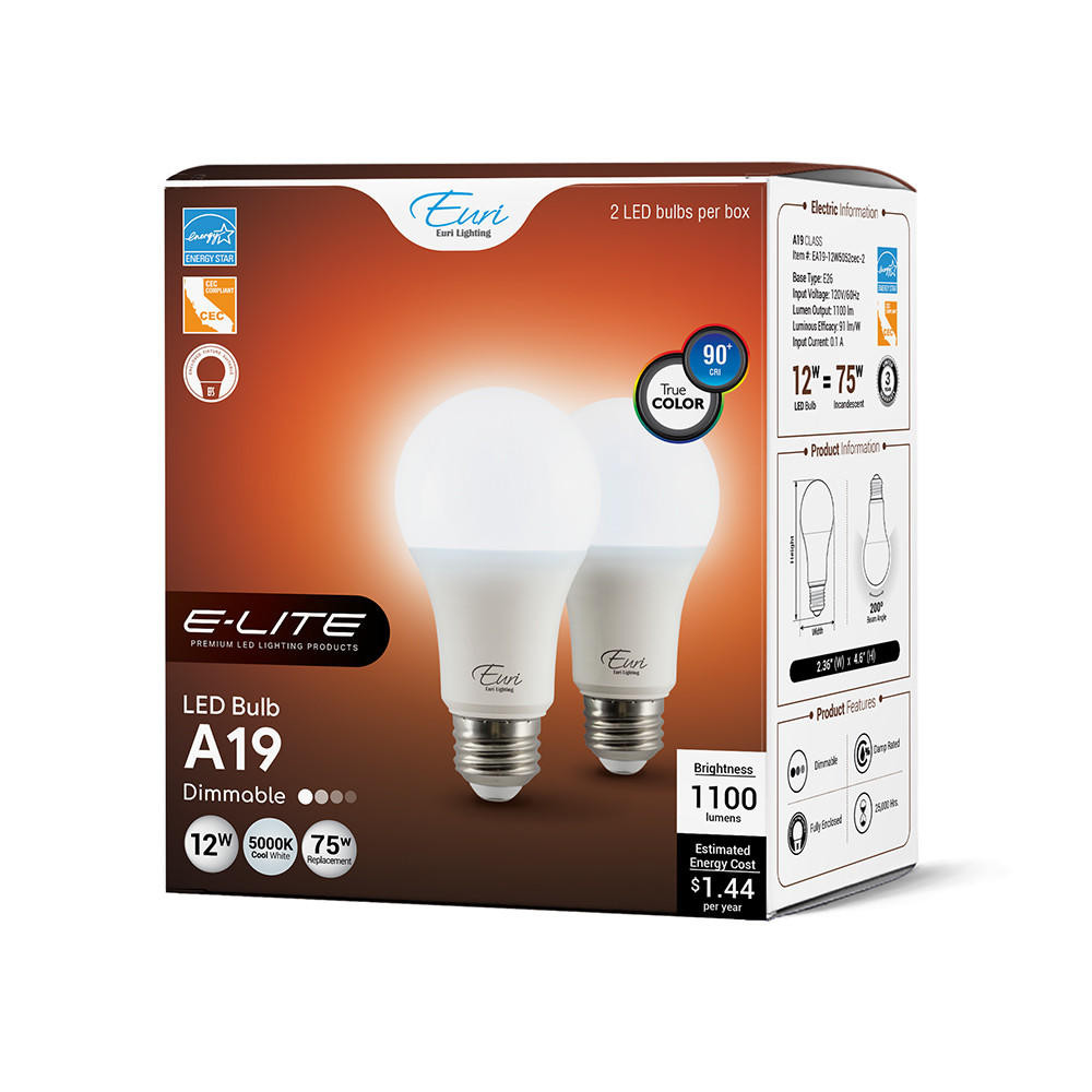Euri Lighting EA19-12W5052cec-2 | 12W A19 LED (2-Pack) | 5000K