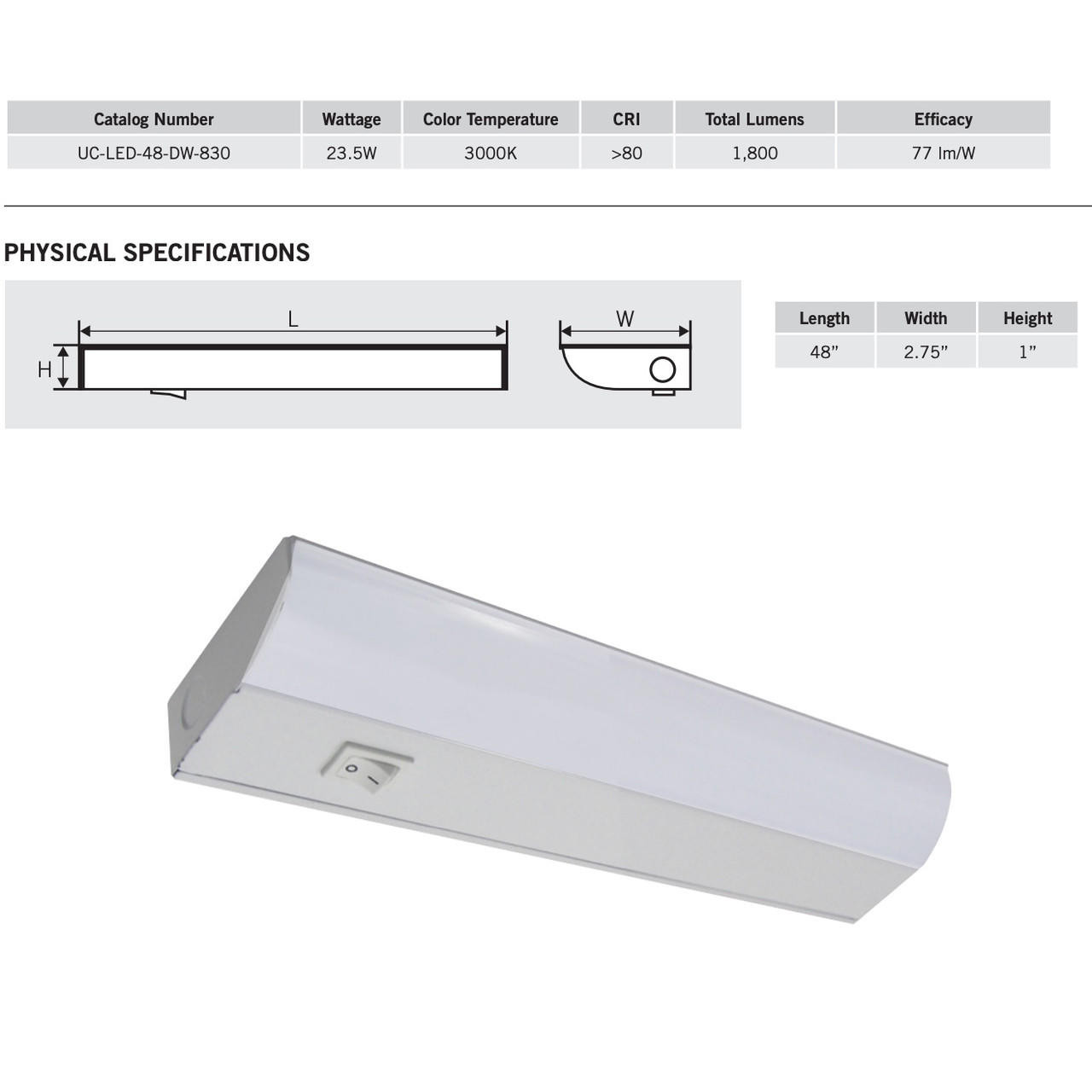 48" Integrated LED Direct Wire White Under Cabinet Light | 3000K
