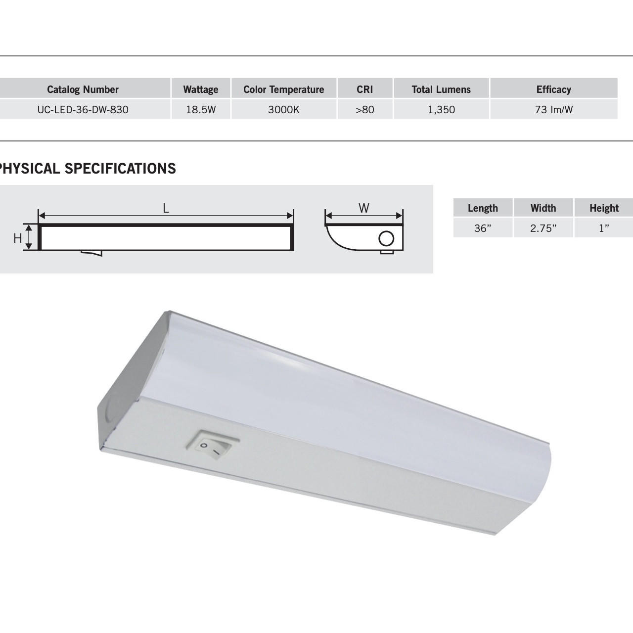 36" Integrated LED Direct Wire White Under Cabinet Light | 3000K