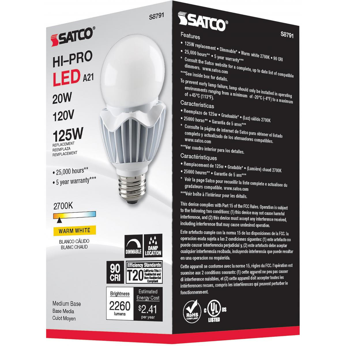 Satco S8791 | 20W LED A21 Light Bulb | 2700K CCT