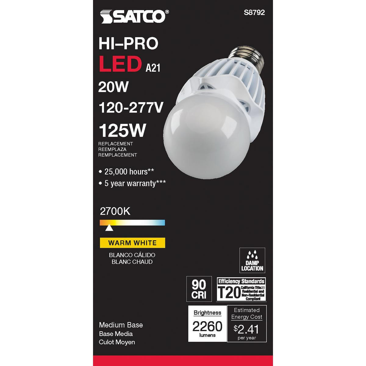 Satco S8792 | 20W LED A21 Light Bulb | 2700K CCT