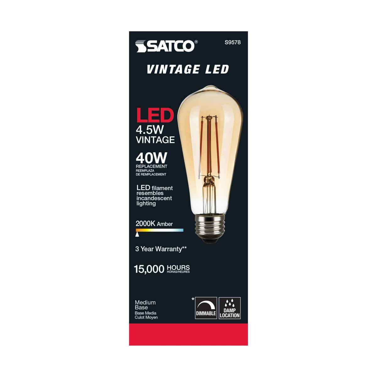 Satco S9578 | 4.5W LED Filament Light Bulb | 2000K CCT