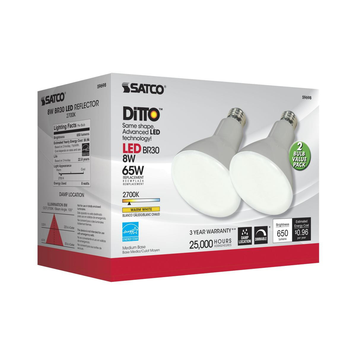 Satco S9698 | 8W LED BR30 Reflector Bulb | 2700K CCT