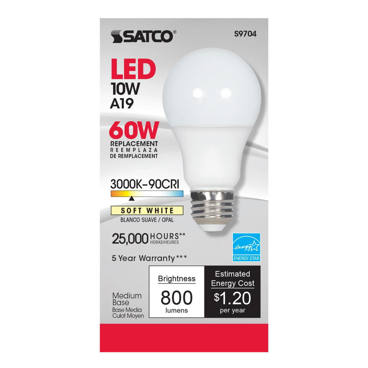 Satco S9704 | 10W LED A19 Light Bulb | 3000K CCT