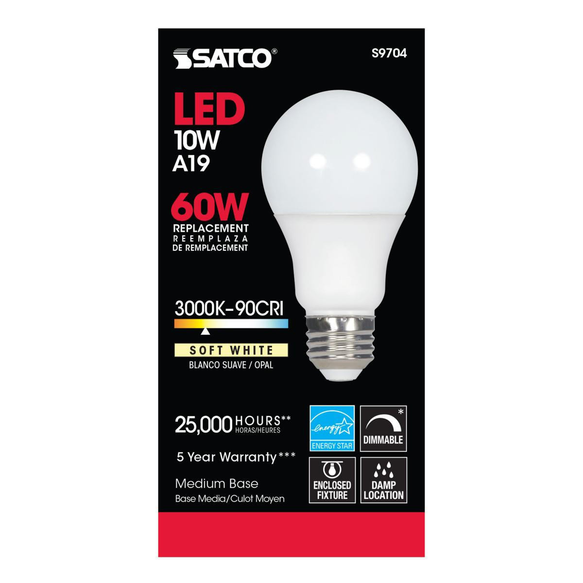 Satco S9704 | 10W LED A19 Light Bulb | 3000K CCT