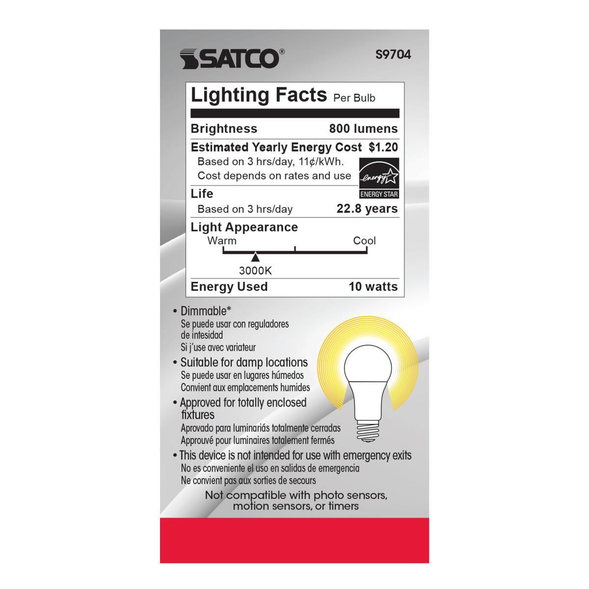 Satco S9704 | 10W LED A19 Light Bulb | 3000K CCT