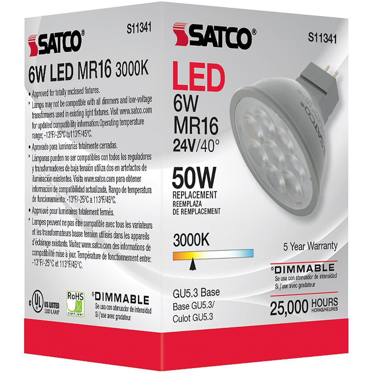 Satco S11341 | 6W LED MR16 Light Bulb | 3000K CCT