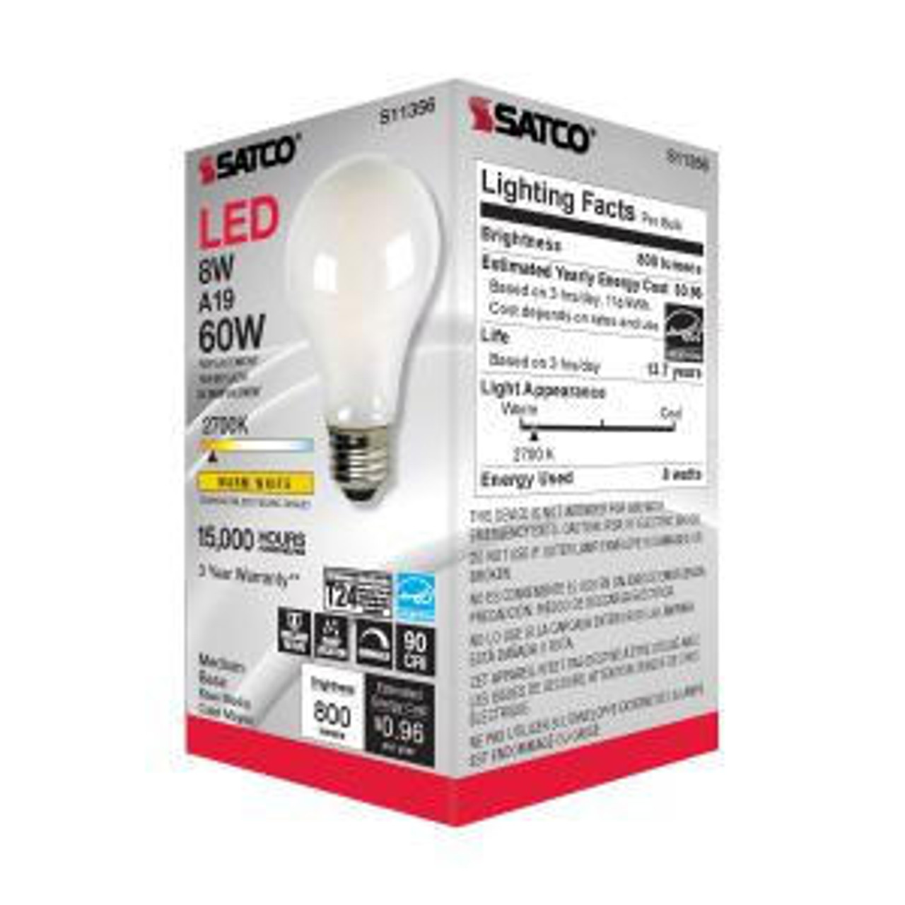 Satco S11356 | 8W LED A19 Light Bulb | 2700K CCT