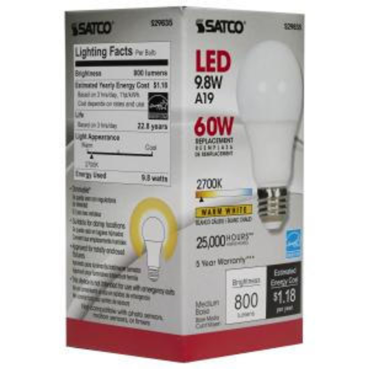 Satco S29835 | 9.8W LED A19 Light Bulb | Frosted | 2700K CCT