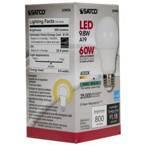 Satco S29838 | 9.8W LED A19 Light Bulb | Frosted | 4000K CCT