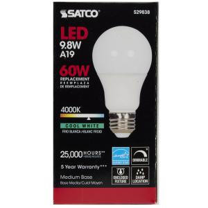Satco S29838 | 9.8W LED A19 Light Bulb | Frosted | 4000K CCT