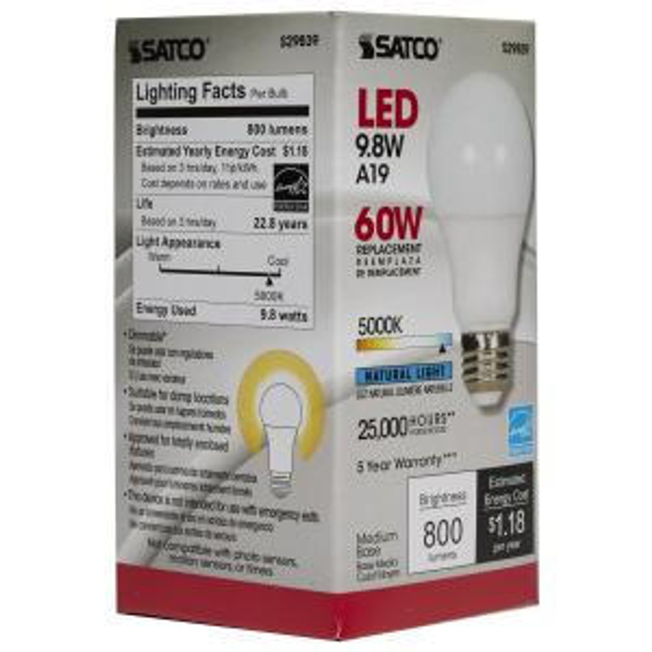Satco S29839 | 9.8W LED A19 Light Bulb | Frosted | 5000K CCT