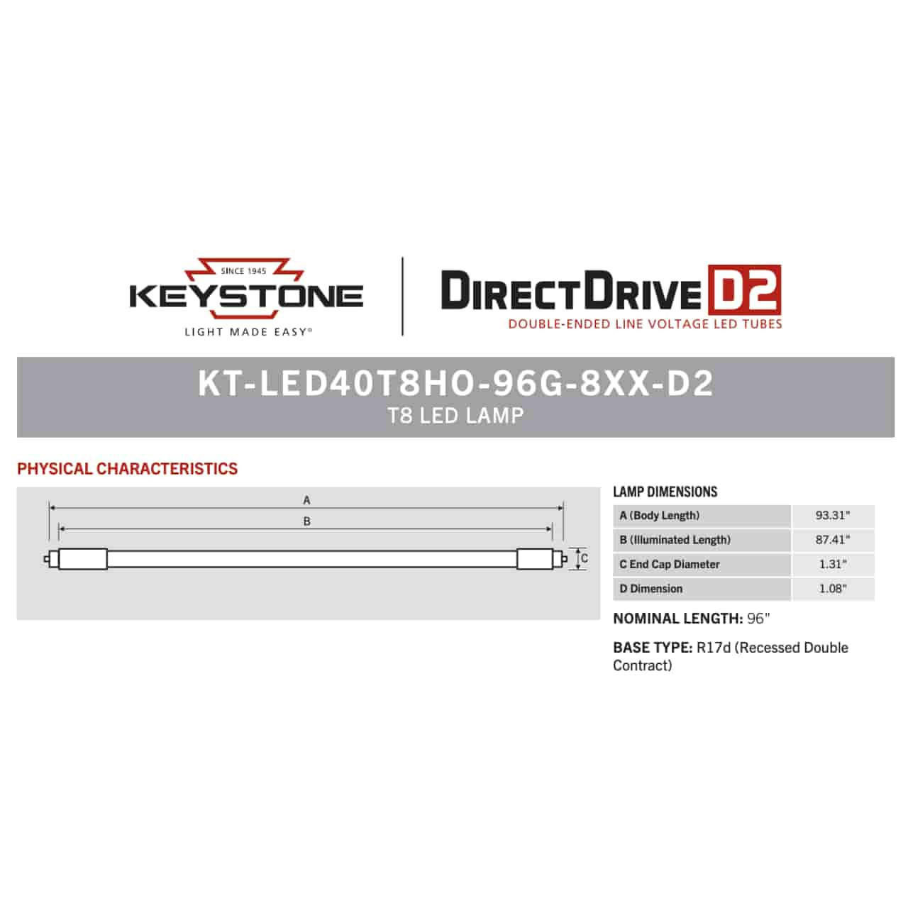 Keystone KT-LED40T8HO-96G-850-D2 | 8ft T8 LED Lamp R17d 5000K