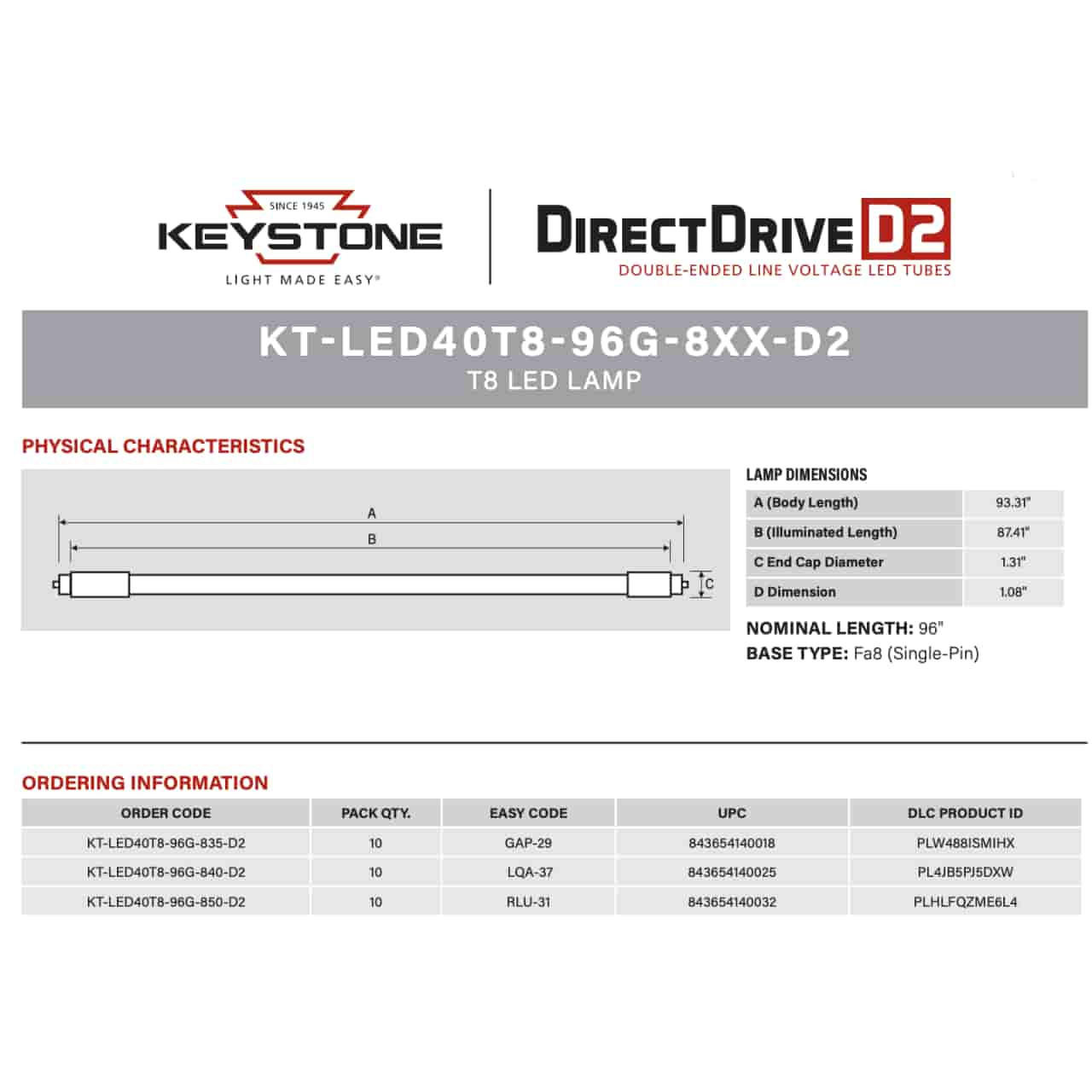 Keystone KT-LED40T8-96G-840-D2 | 8ft T8 LED Lamp Fa8 4000K