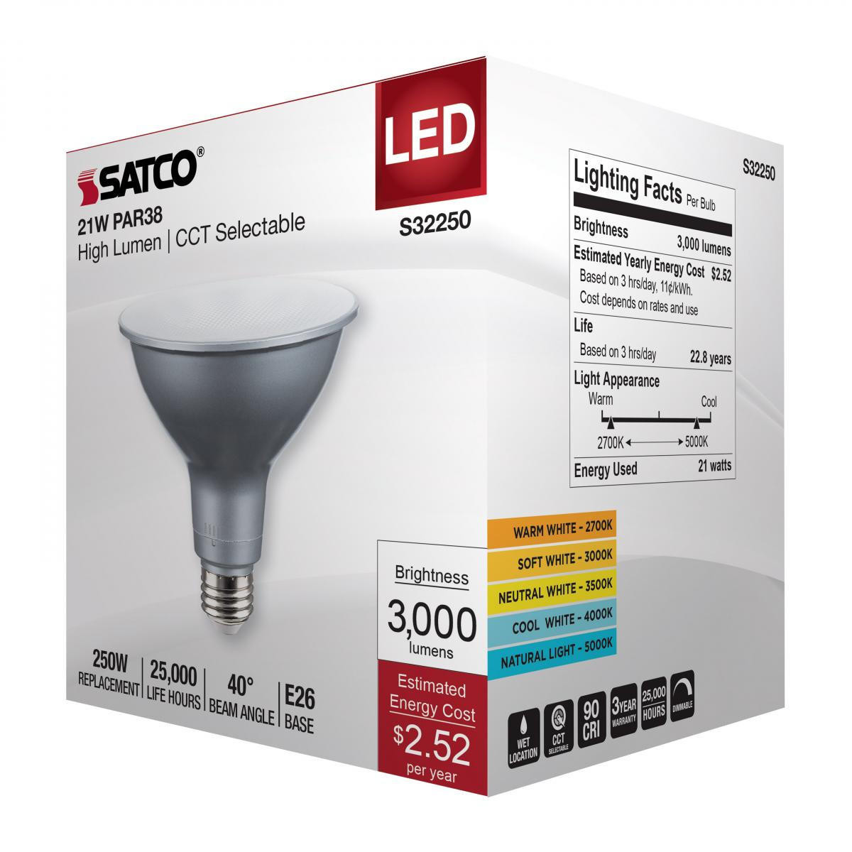 Satco S32250 | 21W LED PAR38 Lamp | High Lumen CCT Selectable