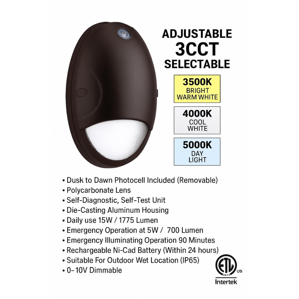Cyber Tech Emergency 15W LED Wall Pack with Photocell - 3CCT