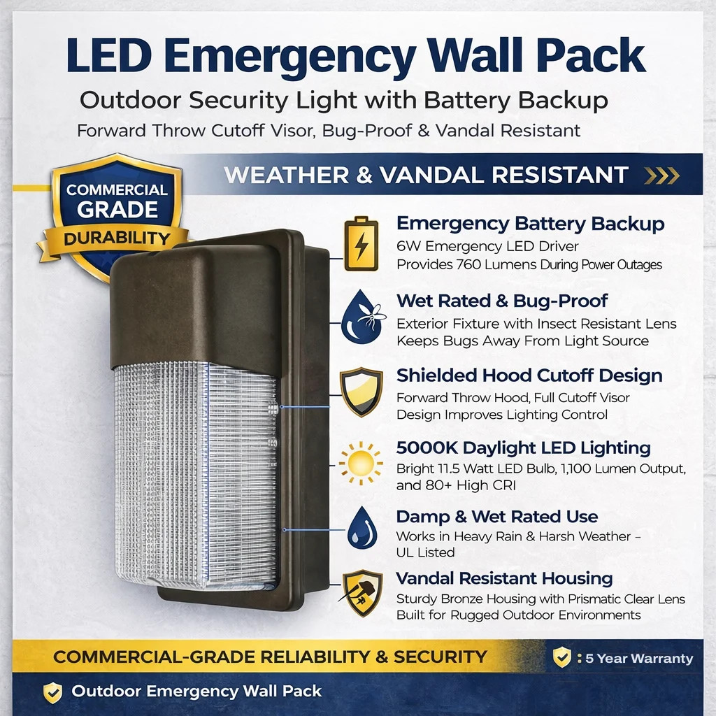 LED Emergency Wall Pack with Battery Backup - 5000K