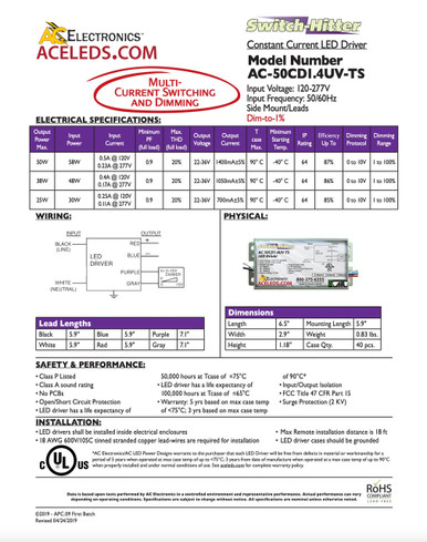 Ace AC-50CD1.4UV-TS Constant Current LED Driver