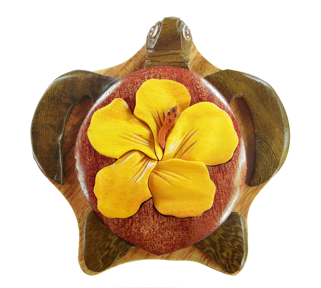 Yellow Hibiscus Honu Turtle - Puzzle Box - Aloha Wood Art