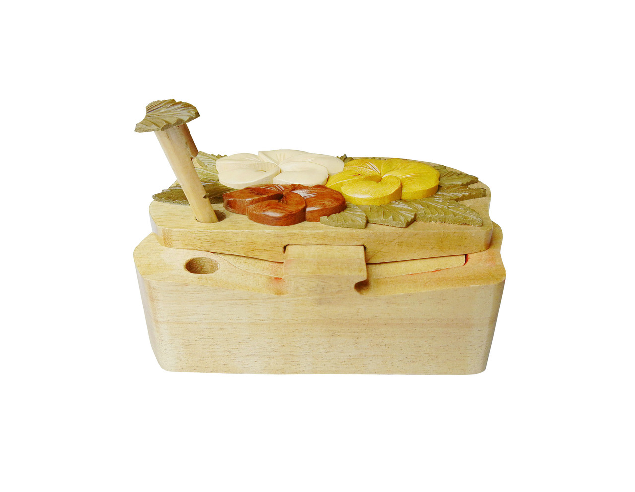 Three Plumeria Rectangular Puzzle Box - Aloha Wood Art