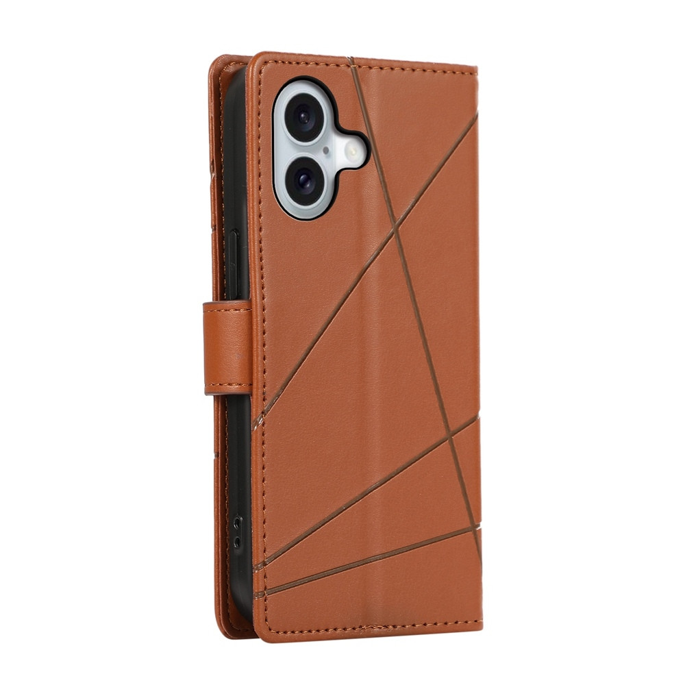 iPhone 16 PU Genuine Leather Texture Embossed Line Phone Case - Brown
