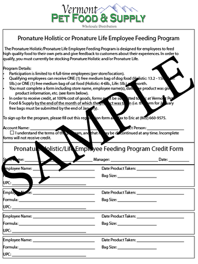 Employee Free Feeding Form Pronature - Vermont Pet Food and Supply