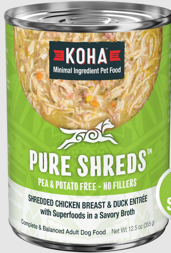 Koha Pure Shreds Chicken & Duck Canned Dog 12.5oz - Vermont Pet Food ...