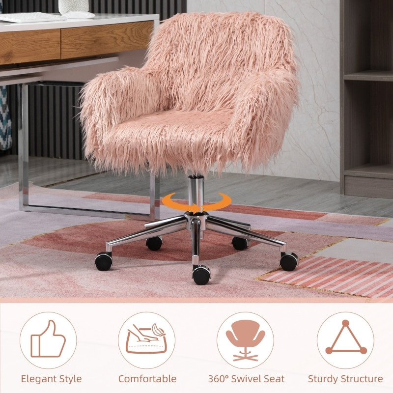 Home Office Chair Pink Faux Fur Dressing Chair, Adjustable Height and ...