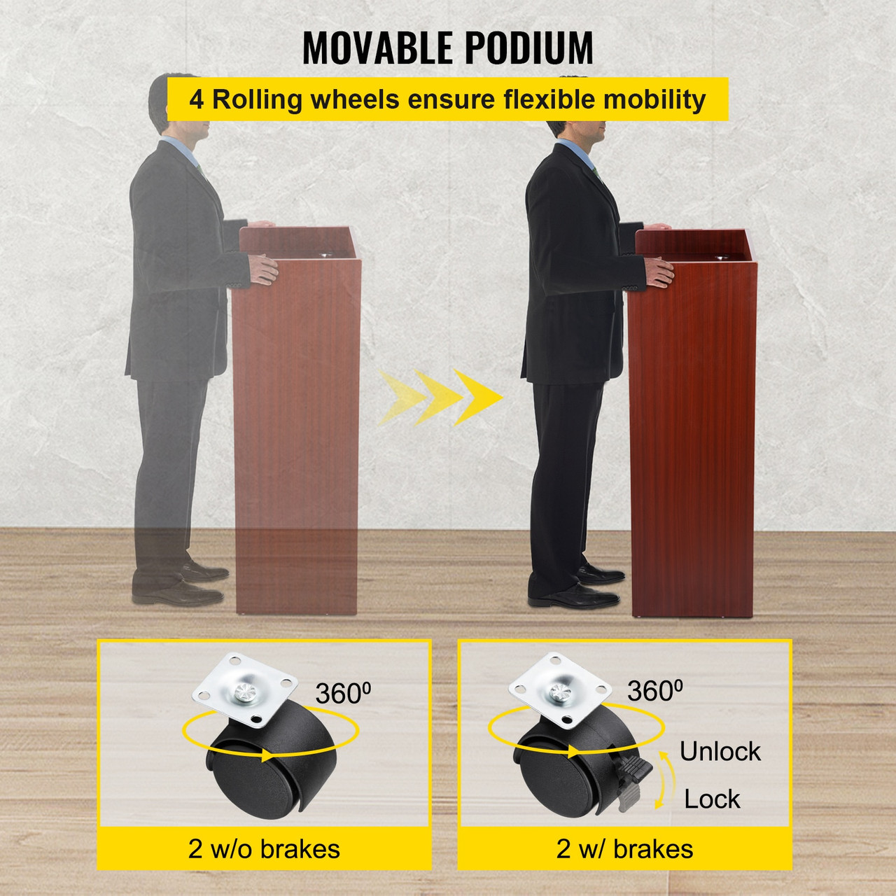 VEVOR Wood Podium 2 x 4 FT Lecterns w/ 4 Rolling Wheels Baffle Plate ...