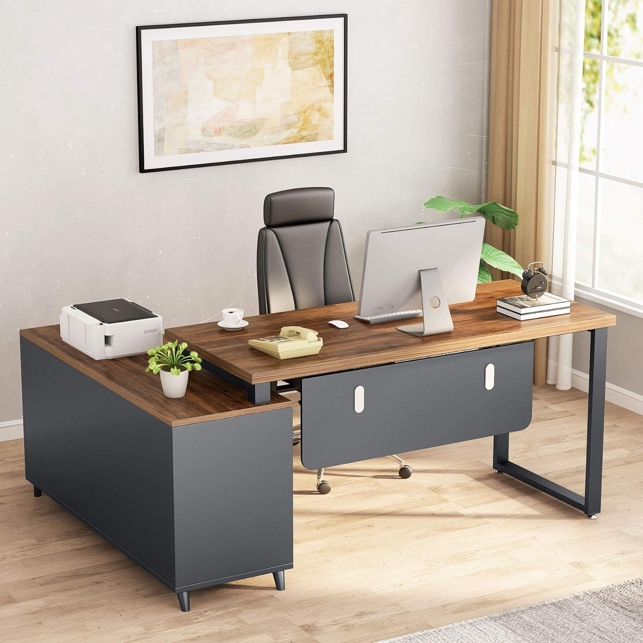 L-Shaped Computer Desk, 55 Inch Large Executive Office Desk with Drawers