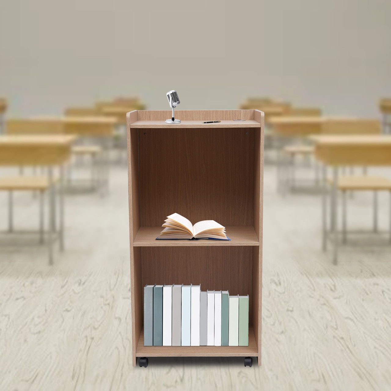 Wood Portable Podium Stand Reception Desk Lectern with Mobile Wheels ...