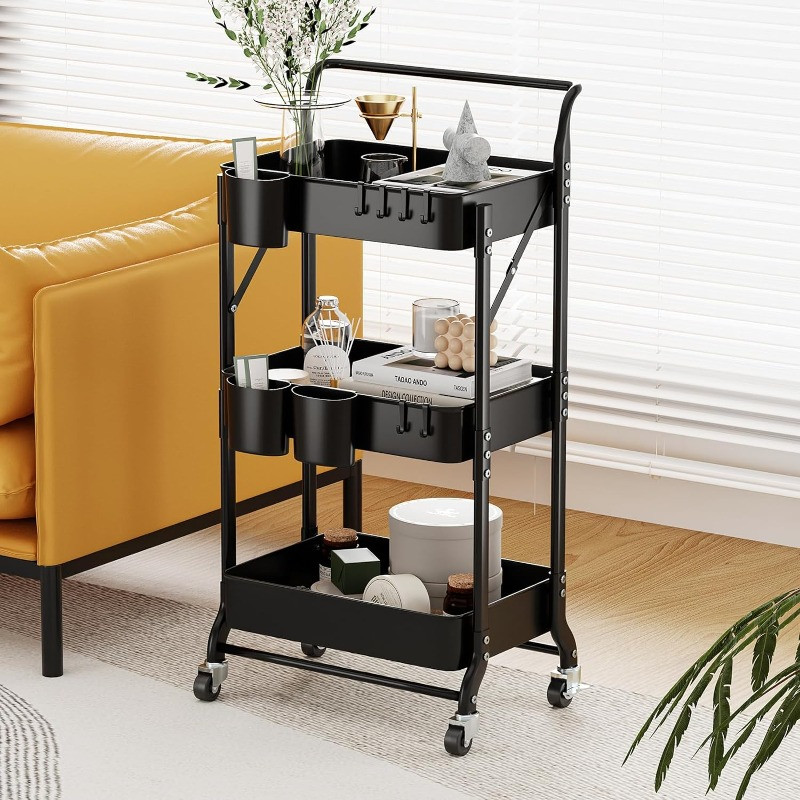 3 Tier Foldable Rolling Cart with Wheels, Folding Utility Cart ...