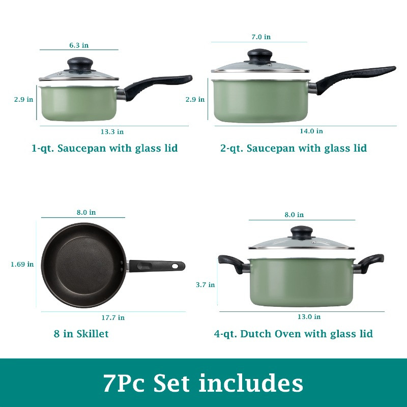 7 Piece Non-Stick Cookware Set Aluminum Green Sage
