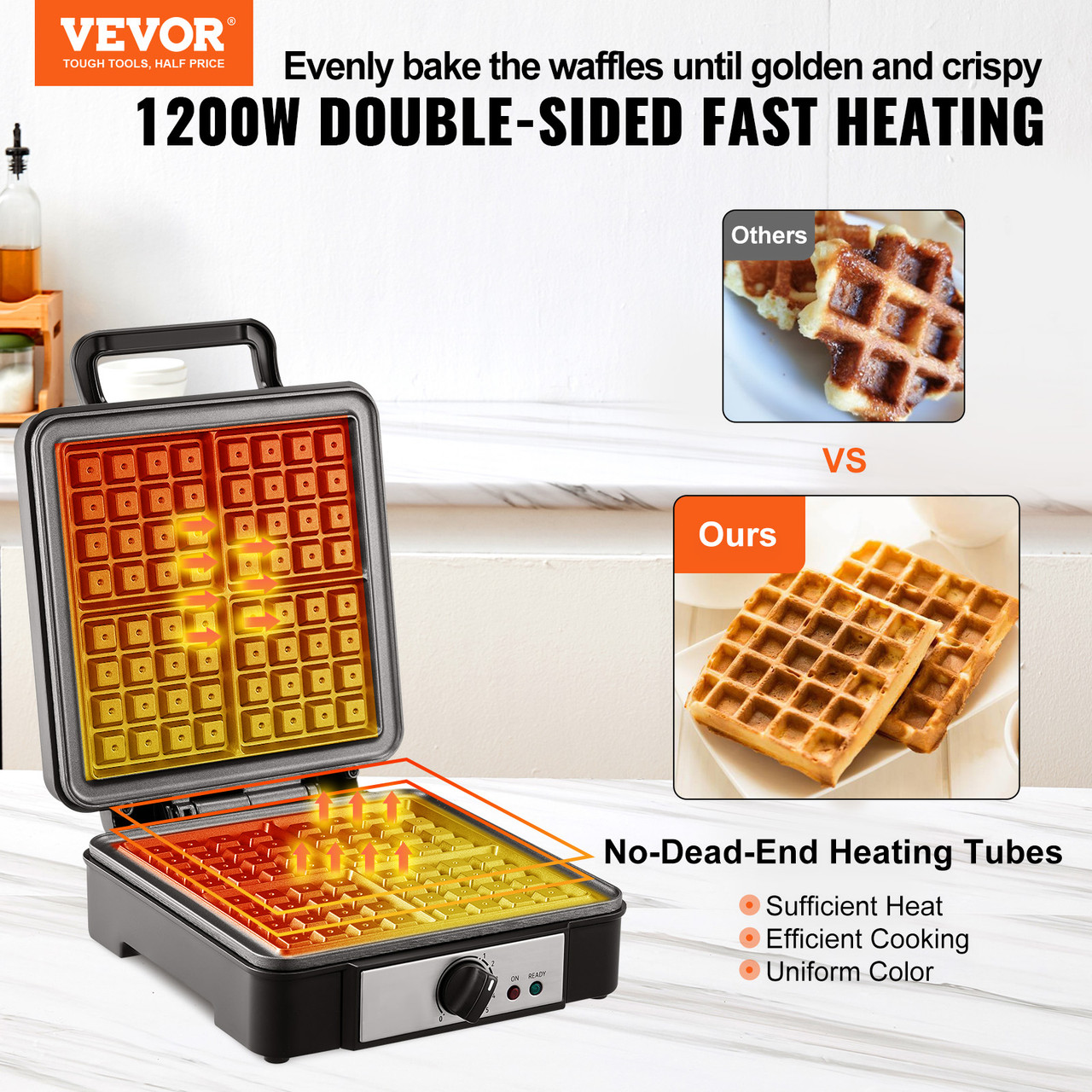 VEVOR Waffle Maker 1200W Square Waffle Iron Non-Stick Waffle Baker Machine
