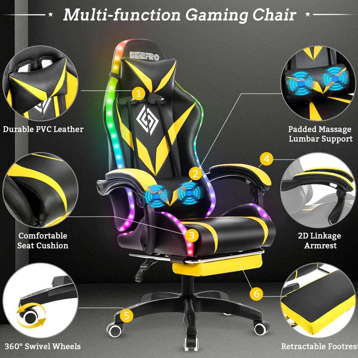 RGB Light Gaming Chair Office Chair Gamer Computer Chair Ergonomic ...