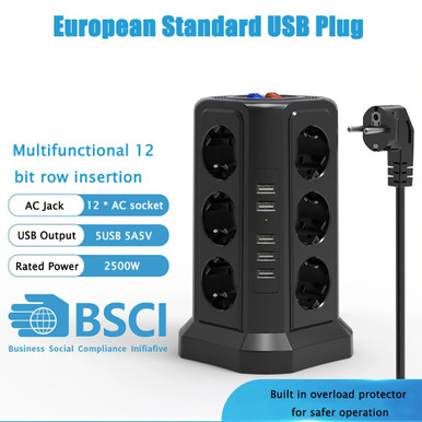 Tower Multi Power Strip Vertical EU Plug 12 Way Outlets Sockets with ...