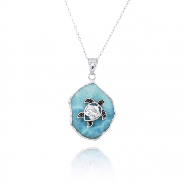Turtle Sterling Silver on Larimar Pendant | Larimar Turtle Necklace