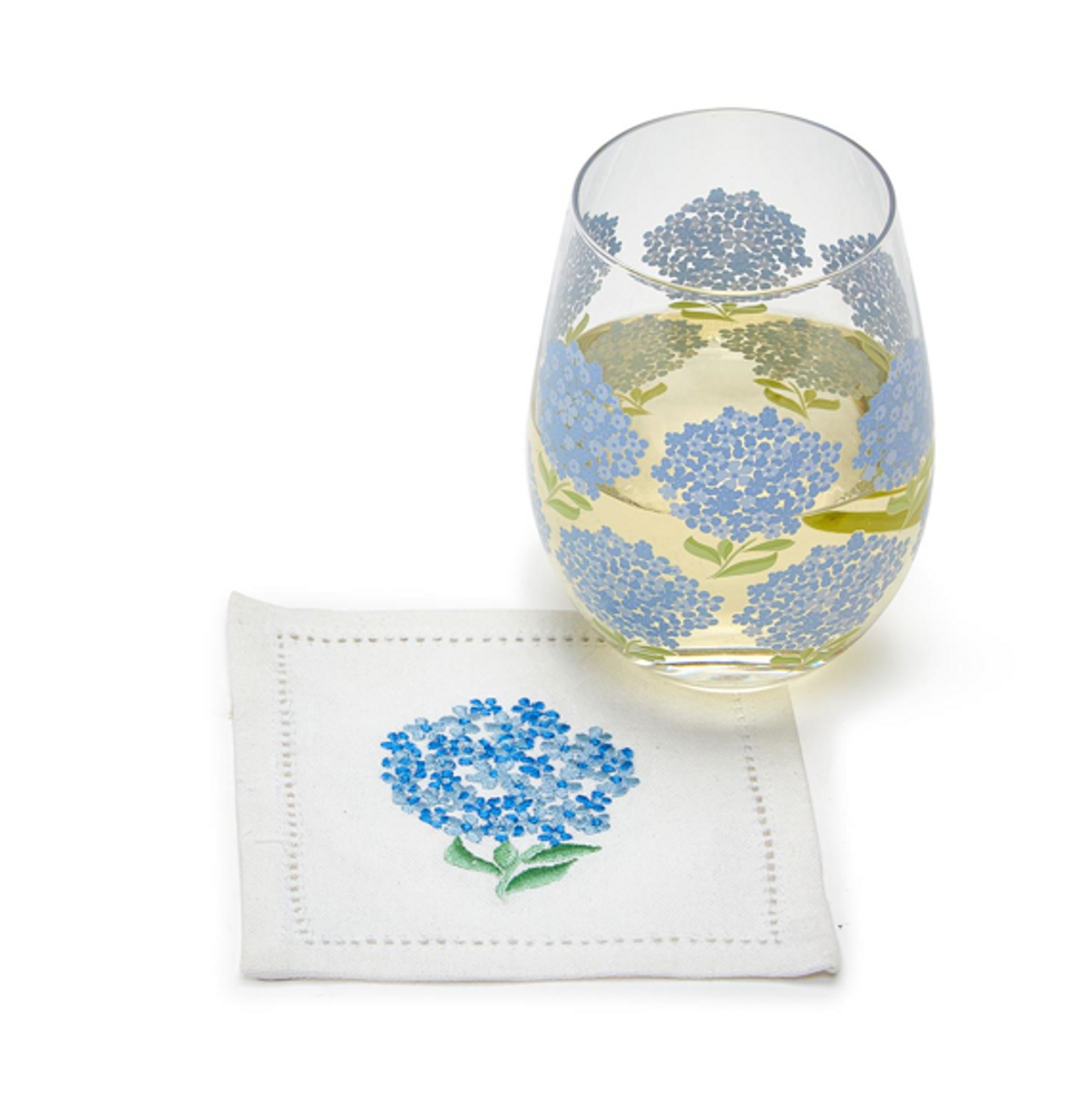Set Of 4 Hydrangea Handblown Stemless Wine Glasses