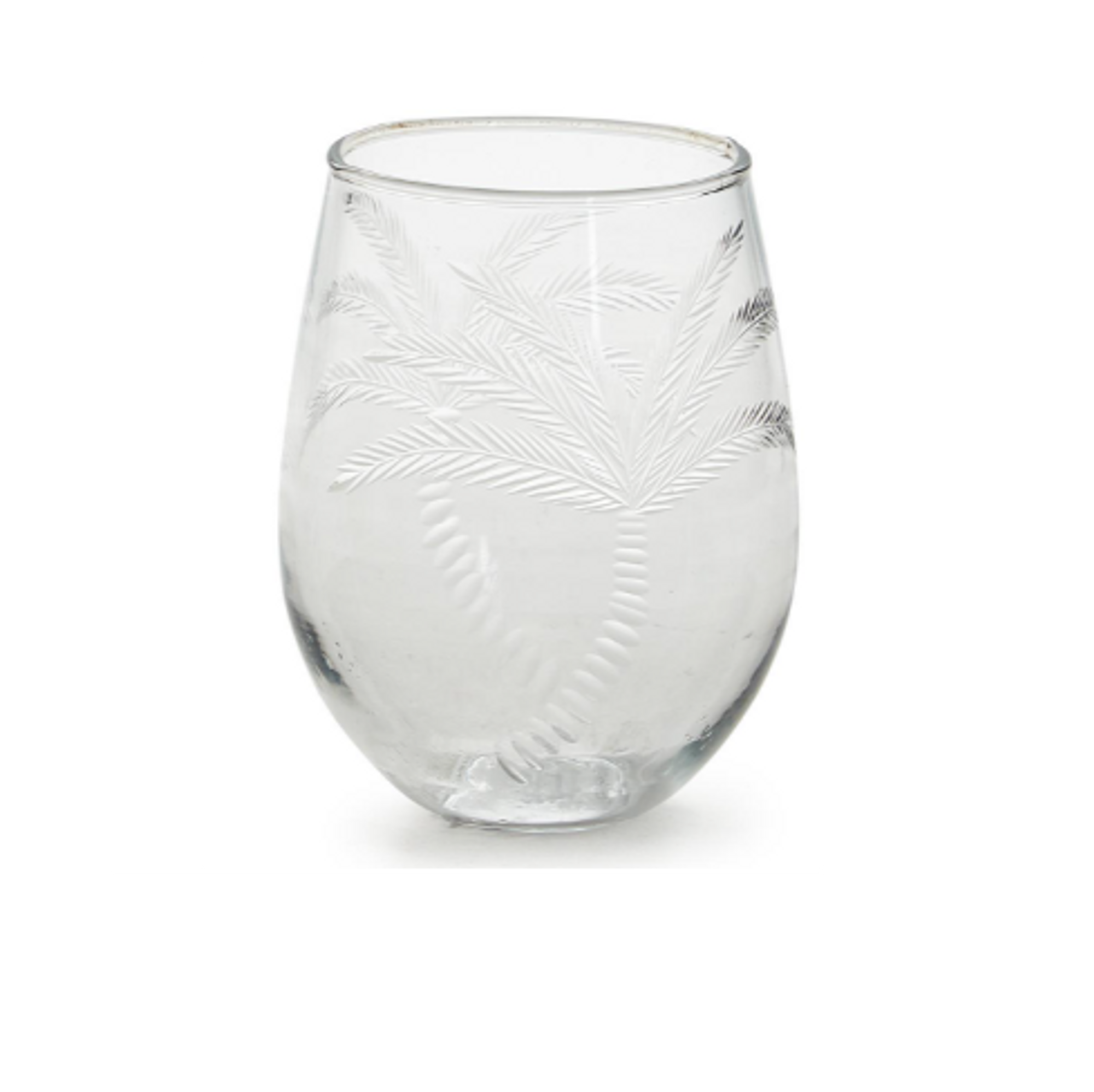 Set Of 4 Hand Blown Stemless Wine Glass With Etched Palm Tree Design
