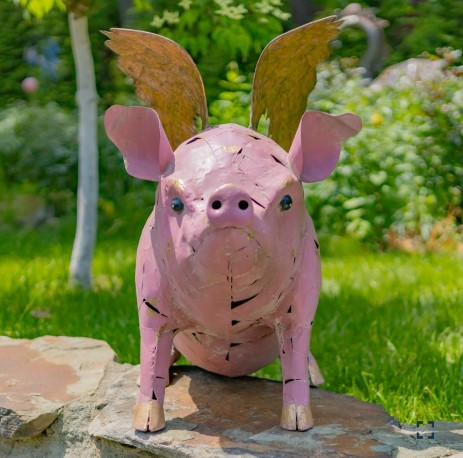 30.5" Tall Flying Pink Iron Pig Statue with Golden Wings "Rachael ...