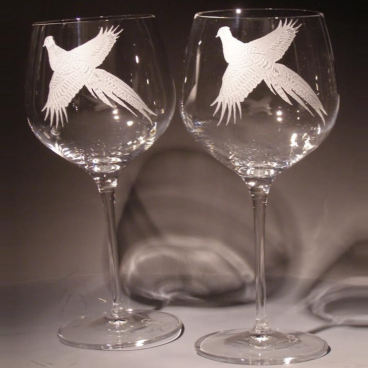 Pheasant Wine Glasses | Etched Crystal | Evergreen Crystal