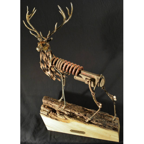 Red Stag Metal and Wood Sculpture | Royal Stare Down | Frank Cole Art