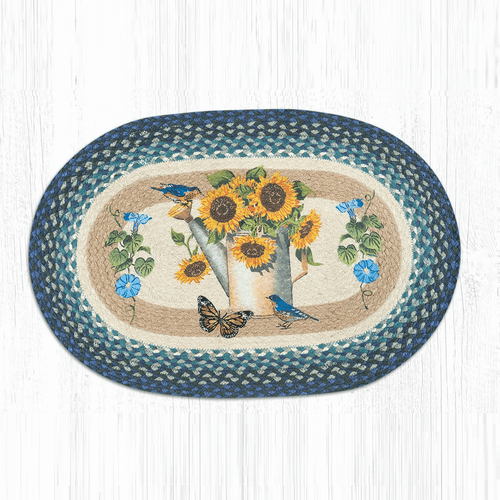 Sunflower Water Can Oval Patch Braided Rug | Sunflower Braided Jute ...