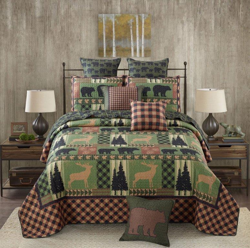 Autumn Forest Green Primitive Quilt Set| Deer Quilt