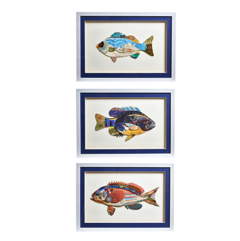 Set of 3 Handmade Fish Paper Collage Wall Art