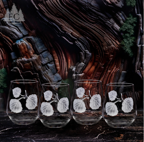 Set of 4 Aspen Crystal Stemless Wine Glasses | Etched Crystal ...