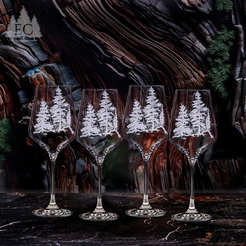 Set of 4 Pine Tree Crystal White Wine Glasses | Etched Crystal ...