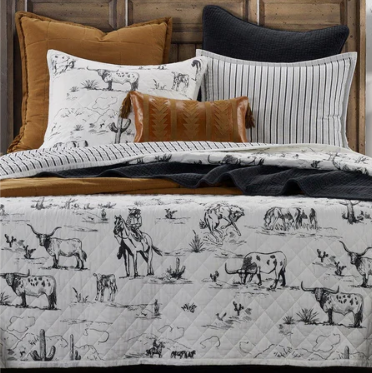 Ranch Life Western Toile Reversible Quilt Set | Cow | Bull | Bedding