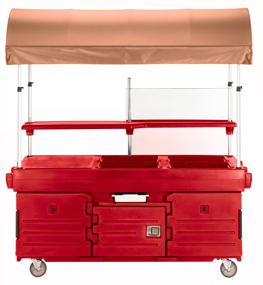 Cambro KVC854C158 CamKiosk Hot Red Vending Cart with 4 Pan Wells and Canopy